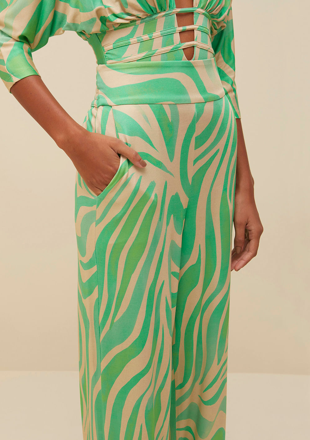 Calca Estampada Morena Rosa Palazzo Cós Alto Detalhe Elástico Verde ...