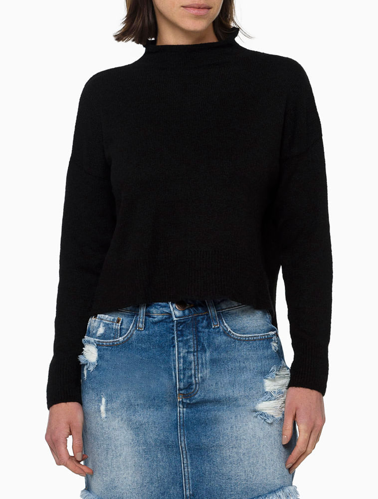 Tricot Manga Longa Gola Alta Fenda Nas Laterais - Preto - Privalia